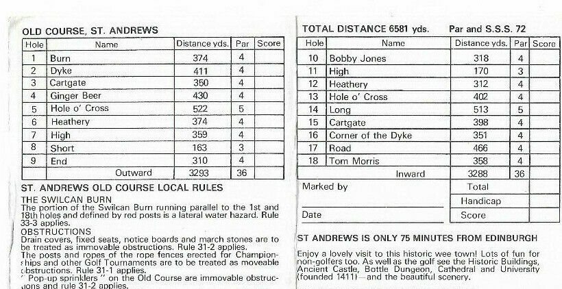 Vintage Scorecard from the Old Course at St. Andrews, W